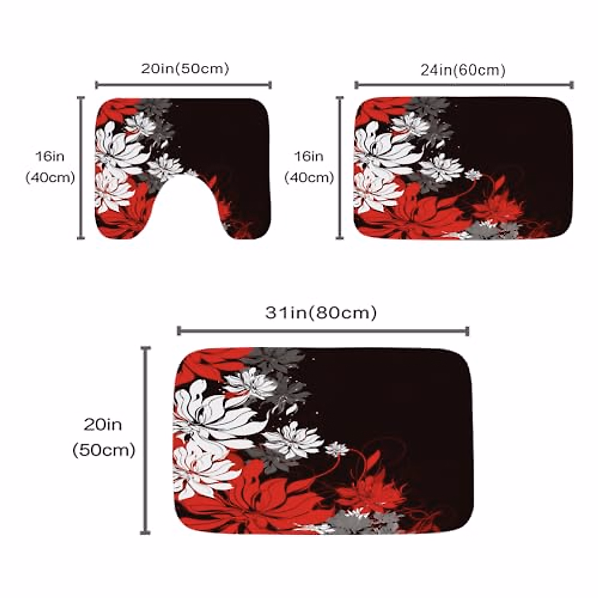 TheBlackSpot Dahlia Floral Bathroom Rugs 20 x 31 White Black and Red Flower Art Bath Mat 16 x 24 Sets 3 Piece Imitation Cashmere Anti Slip Mats U-Shaped Contour Shower Mat
