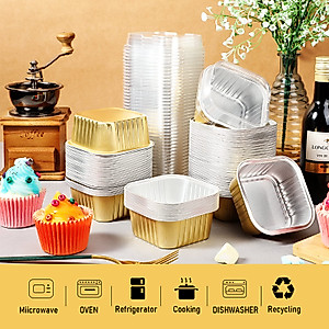 200 Pcs 5 oz Aluminum Foil Baking Cups with Lids 150 ml Foil Cupcake Containers Disposable Ramekins Mini Creme Brulee Pudding Cups Square Muffin Liners Flan Cups for Wedding Christmas Birthday Party