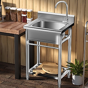 Utility Sink, Stainless Steel Sink, Single Bowl Freestanding Sink Kitchen Sinks with Hot & Cold Hoses Outdoor Sink for Laundry Garden Garage Commercial Restaurant