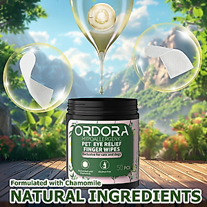 ORDORA PET Eyes Wipes for Dogs & Cats - Remove Tear Stain, Eye Debris, Discharge, Mucus Secretions - Chamomile Pet Cleaning Grooming Deodorizing Wipes for Eyes, Face - 50 Count