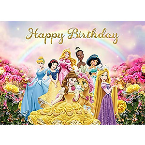 Betta Princess Happy Birthday Backdrop Colorful Rainbow Flowers Photo Backdrop Cartoon Fairy Tale Little Girl Princess Birthday Party Background Multicolor Glitter Photography Background 7x5ft
