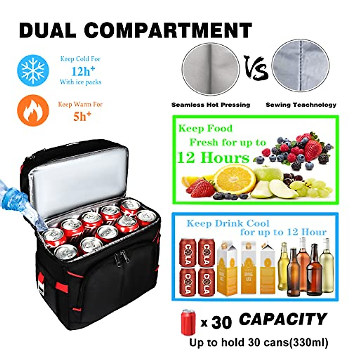 Cooler Backpack,30 Cans Insulated Backpack Cooler Leakproof Double Deck Cooler Bag RFID Lunch Backpack for Men Women