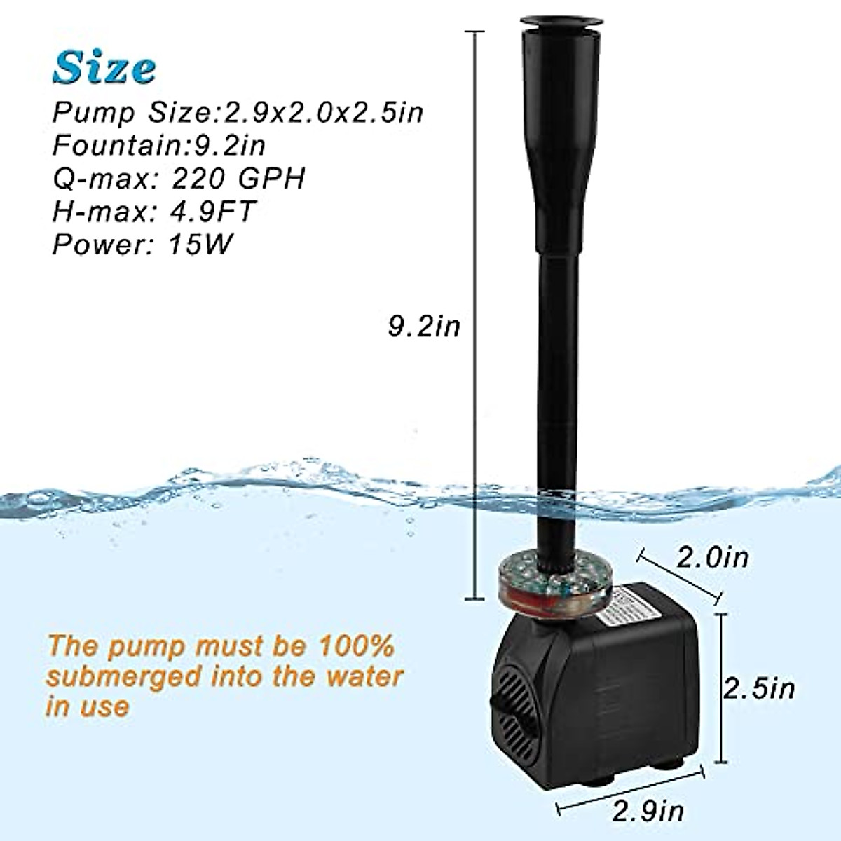 DOMICA 15W 220 GPH Submersible Fountain Pump with LED Light, Ultra Quiet Adjustable Water Pump (800L/H) for Water Feature, Hydroponics, Garden, Pond, Aquariums, Fish Tanks, Indoor Outdoor Fountain