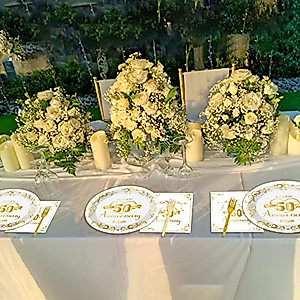 96 Pcs 50th Anniversary Tableware Set Wedding Party Supplies 50 years Anniversary Dinnerware Disposable Golden Plates Napkins Fork Fifty Anniversary Party Decorations Birthday Tableware for 24 Guests