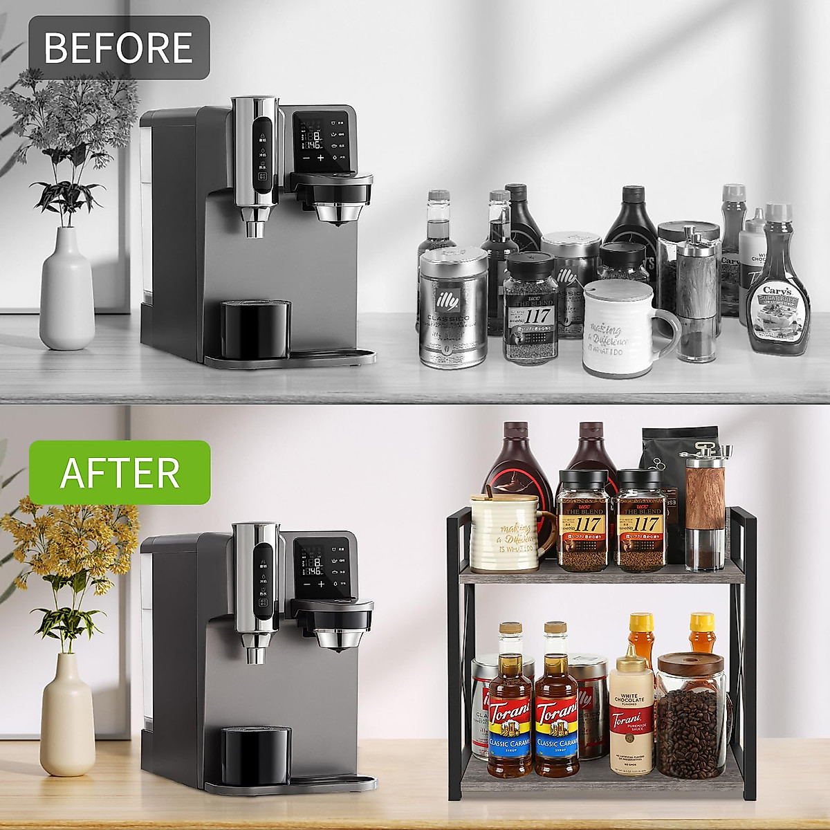 YINMIT Coffee Bar Accessories Organizer, Spice Rack Organizer, Wooden Kitchen Counter Shelf, 2 Tier Coffee Organizer Station for Countertop, Coffee Condiment Rack for Mugs, Cups, Cream, Syrup (Large)