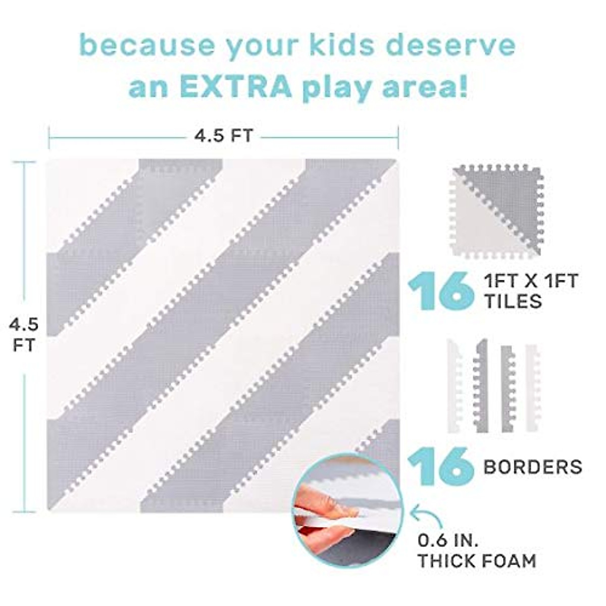 Baby Play Mat, Thick Floor Mats for Crawling, Easy-to-Clean Play Mat with 16 Tiles for Multiple Patterns Assembly, Grey and White, 49” X 49” - BabyLUV