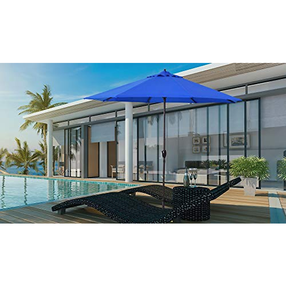 California Umbrella 9' Rd Sunbrella Aluminum Patio Umbrella, Crank Lift, Auto Tilt, Bronze Pole, Pacific Blue