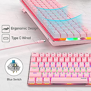 Pink Gaming Keyboard and Mouse,3 in 1 Rainbow LED Backlit Wired Mechanical Keyboard Blue Switch,RGB 6400 DPI Lightweight Gaming Mouse with Honeycomb Shell Gaming Mouse Pad for PC Gamers(Pink)