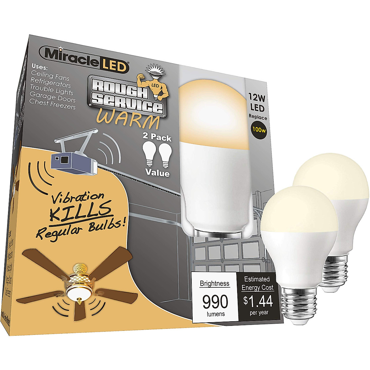 Miracle LED 602748 Rough Service Long-Lasting Light Bulb Garage Doors, Ceiling Fans, and Much More (2-Pack), Warm White