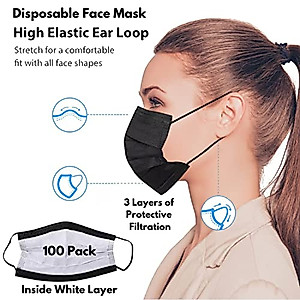 Black Face Masks Disposable 100 Pack 3 Ply Facemask with White Inside