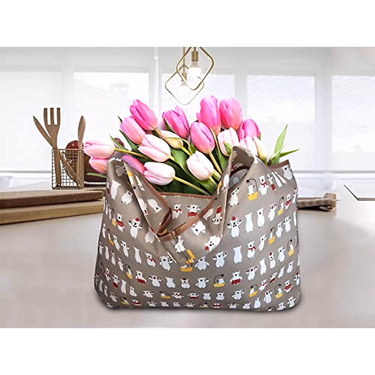 Wayideal Reusable Grocery Bags,Washable/Durable Nylon Outdoor Bags，Set of 5 XXL-Shopping Holiday Folding Tote Bags,(RainbowStripe,PolarBear,Lemon,CartoonQhale,PinkHeart)