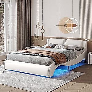 Lostcat Queen Modern Upholstered Faux Leather Platform Bed with LED Light Bed Frame,Strong Wood Slats Support,Wave Like Curve Low Profile Bed Frame for Boys/Girls/Adult Bedroom,Easy Assembly,White