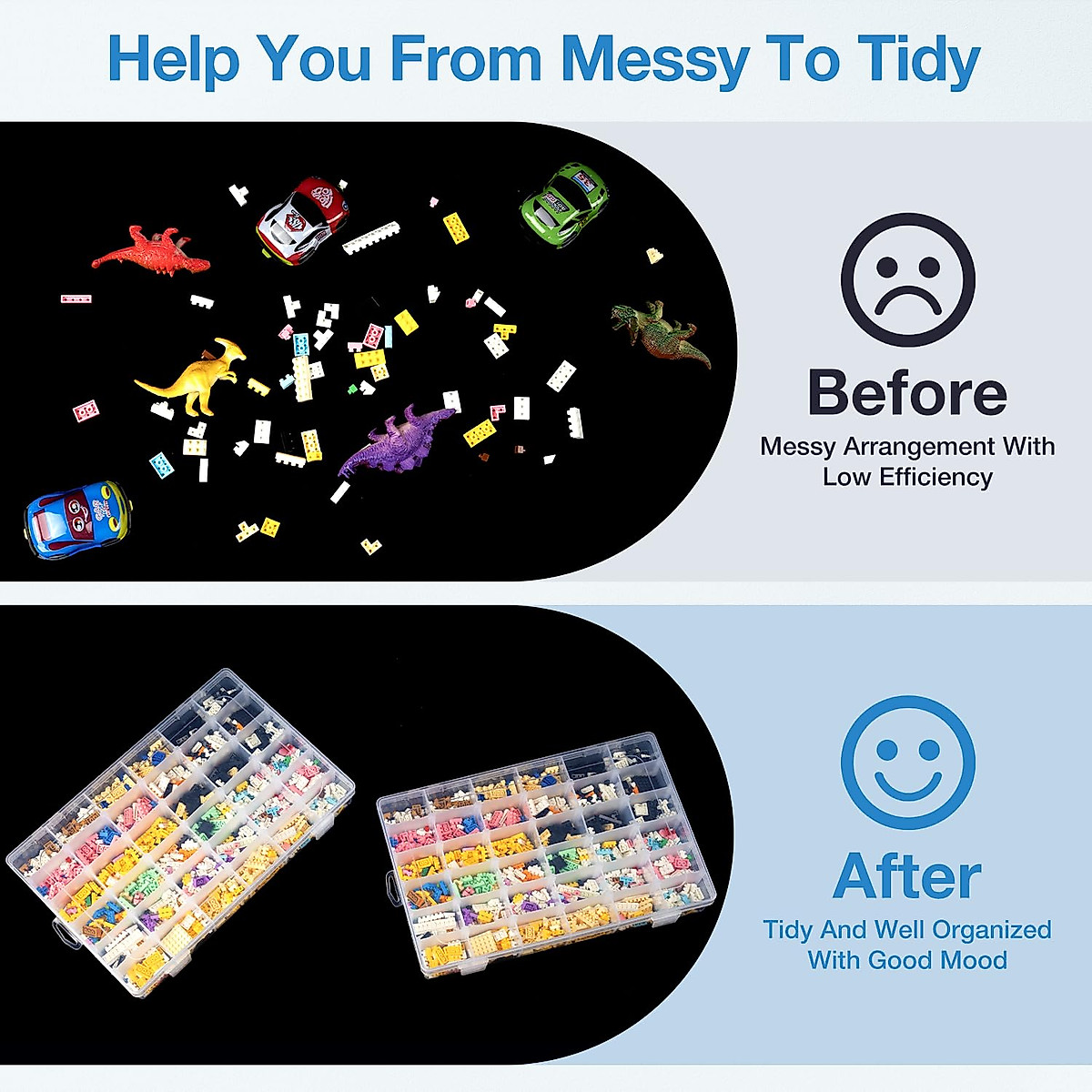 Benbilry 36 Grids Clear Plastic Organizer Box with Adjustable Dividers, 36 Compartment Organizer Clear Storage Container for Bead Organizer, Fishing Tackles, Felt Board and Jewelry Storage