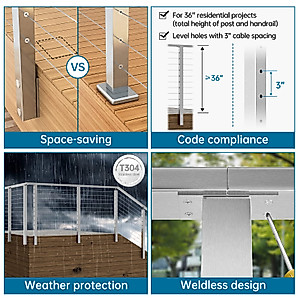 Muzata 6'6"-13' Side Mount Complete Kit Cable Railing System 36" Brushed Cable Railing Post with Cable Rail Handrail Super Easy Length Adjustable Deck Railing for Level Section RCF2 LH4S