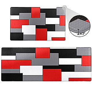 FNLNDO Red Black Grey White Kitchen Rugs and Mats Set of 2 Cushioned Anti Fatigue Kitchen Rugs Set Geometric Non-Skid Washable Kitchen Mats for Kitchen Sink Laundry