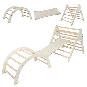NAVINE 3 in 1 Foldable Triangle Ladder, Pikler Triangle Climber with Ramp, Sturdy Wooden Toddler Climbing Toys for Toddlers 1-3. with Climbing Triangle/Arch/ramp.Burlywood