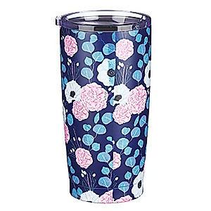 Christian Art Gifts Stainless Steel Double-Wall Vacuum Insulated Travel Mug Tumbler with Lid for Women: Be Still & Know - Psalm 46:10 Inspirational Bible Verse, Hot/Cold, Navy/Pink Floral, 18 oz.