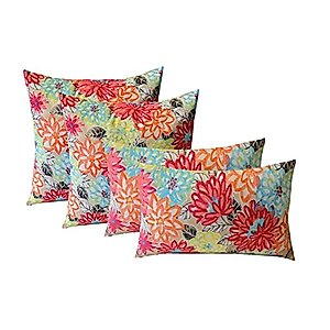 RSH Decor Indoor Outdoor Set of 4 (2-17"x17" Square and 20"x12") Lumbar Decorative Toss Throw Pillows - Yellow, Orange, Blue, Pink Bright Artistic Floral