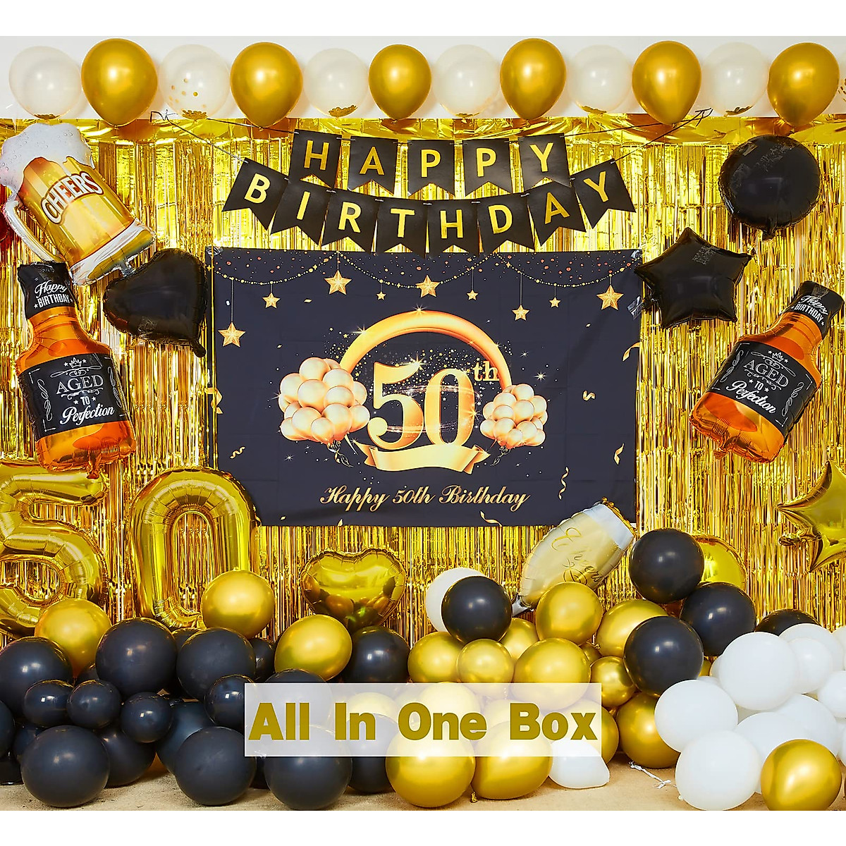 50th Birthday Party Decorations to 50 Years Old Party Supplies for Men with Balloons Garland kit, 50th Birthday Backdrop, Happy Birthday Banner, Foil Balloons and Curtains