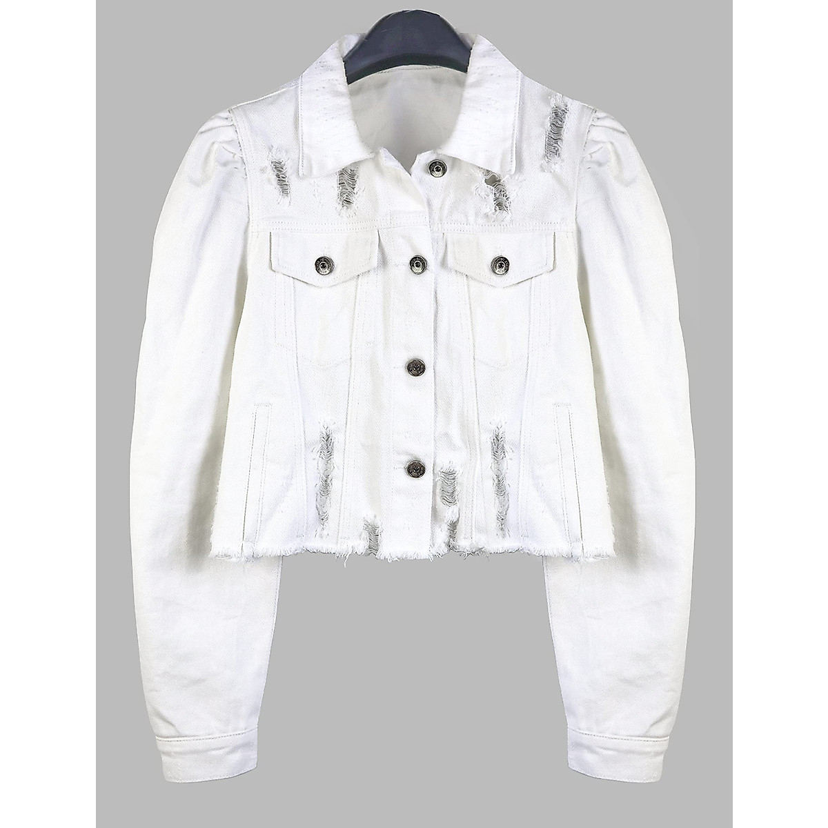 Omoone Women's Ripped Puff Sleeve Denim Crop Top Long-Sleeve Cropped Jean Jacket(1676-White-M)