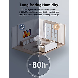 Humidifiers for Bedroom, Vycol 5.6L Smart Cool Mist Humidifier with Humidity Sensor & Timer for Large Room Home, Customized Humidity, Whisper Quiet Ultrasonic Air Vaporizer for Baby and Plants