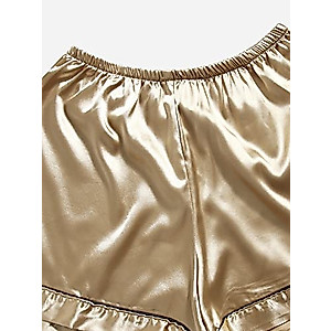 SheIn Women's Pajamas Set 6pcs Silk Satin Short Sleeve Top Elastic Waist Shorts Sleepwear Loungewear Pink Khaki Brown Small