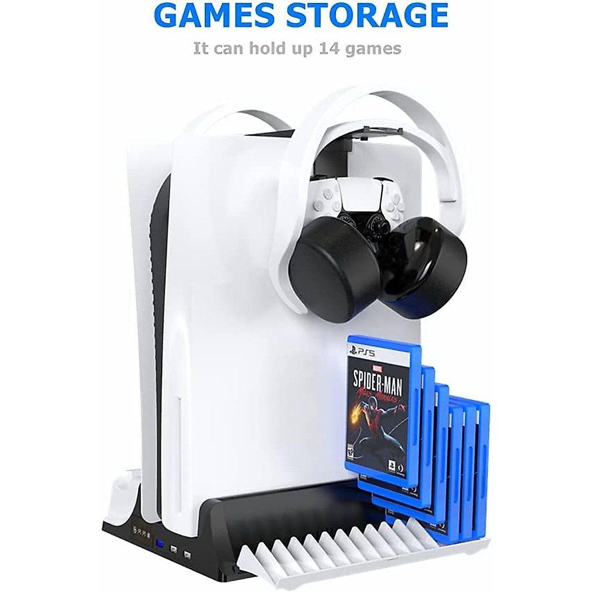JDDWIN PS5 Vertical Charging Stand with Cooling Fan & Controller Hanger for PS5 Console,PS5 Stand Accessories with Dual Controller Charger and Game Rack Storage Organizer with 3 USB Ports