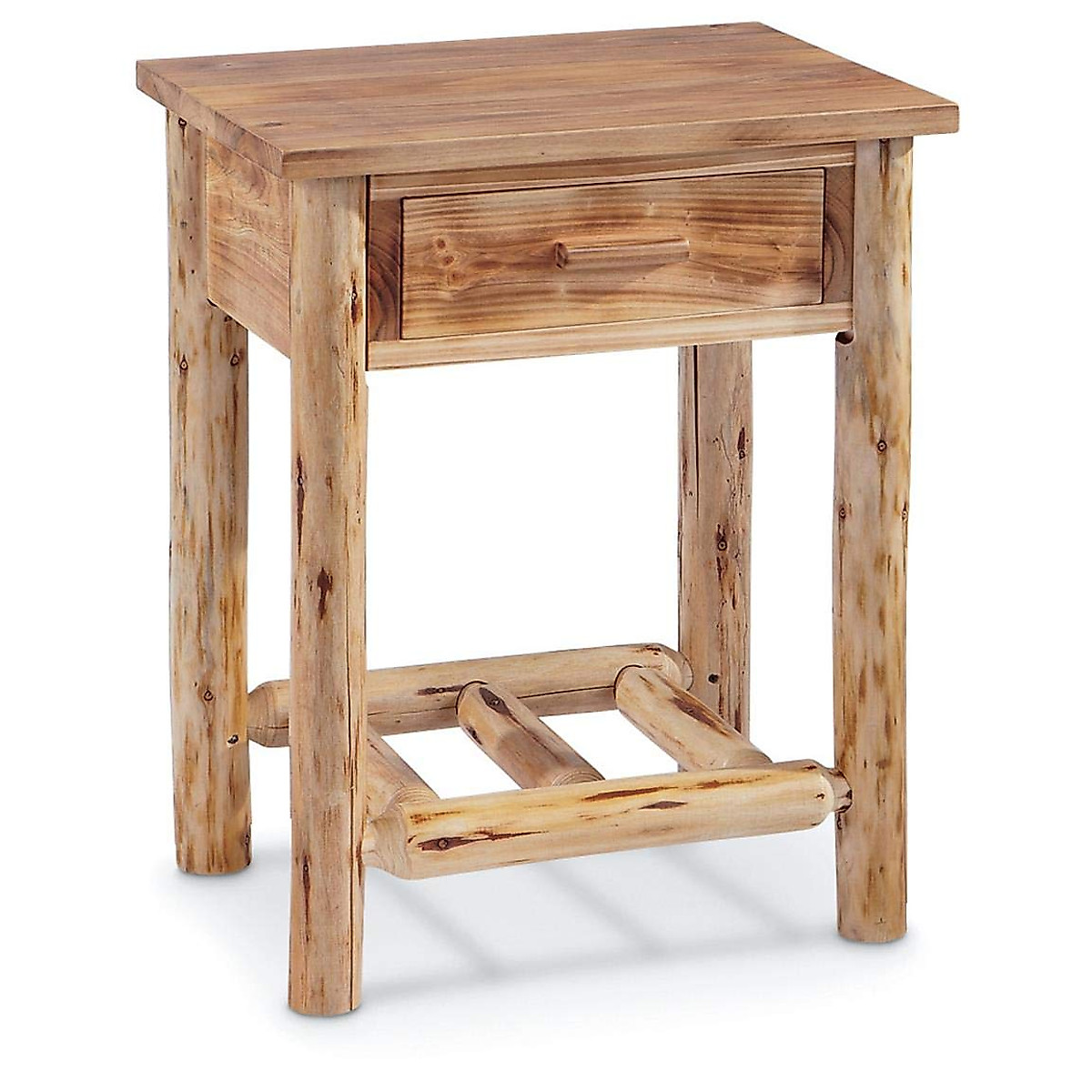 CASTLECREEK Pine Log End Table Nightstand, Rustic Natural Weathered Look Wooden Side Tables with Storage Drawer for Living Room Couch, Bedroom