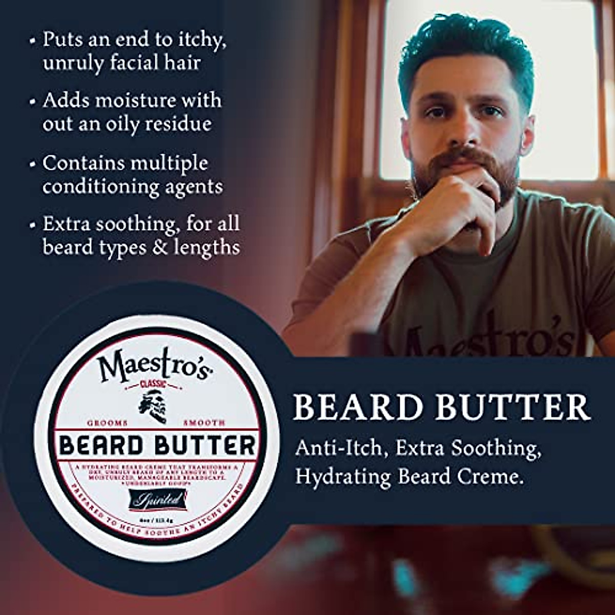 Maestro's Classic BEARD BUTTER | Anti-Itch, Extra Soothing, Hydrating Beard Creme For All Beard Types & Lengths- Spirited Blend, 4 Ounce
