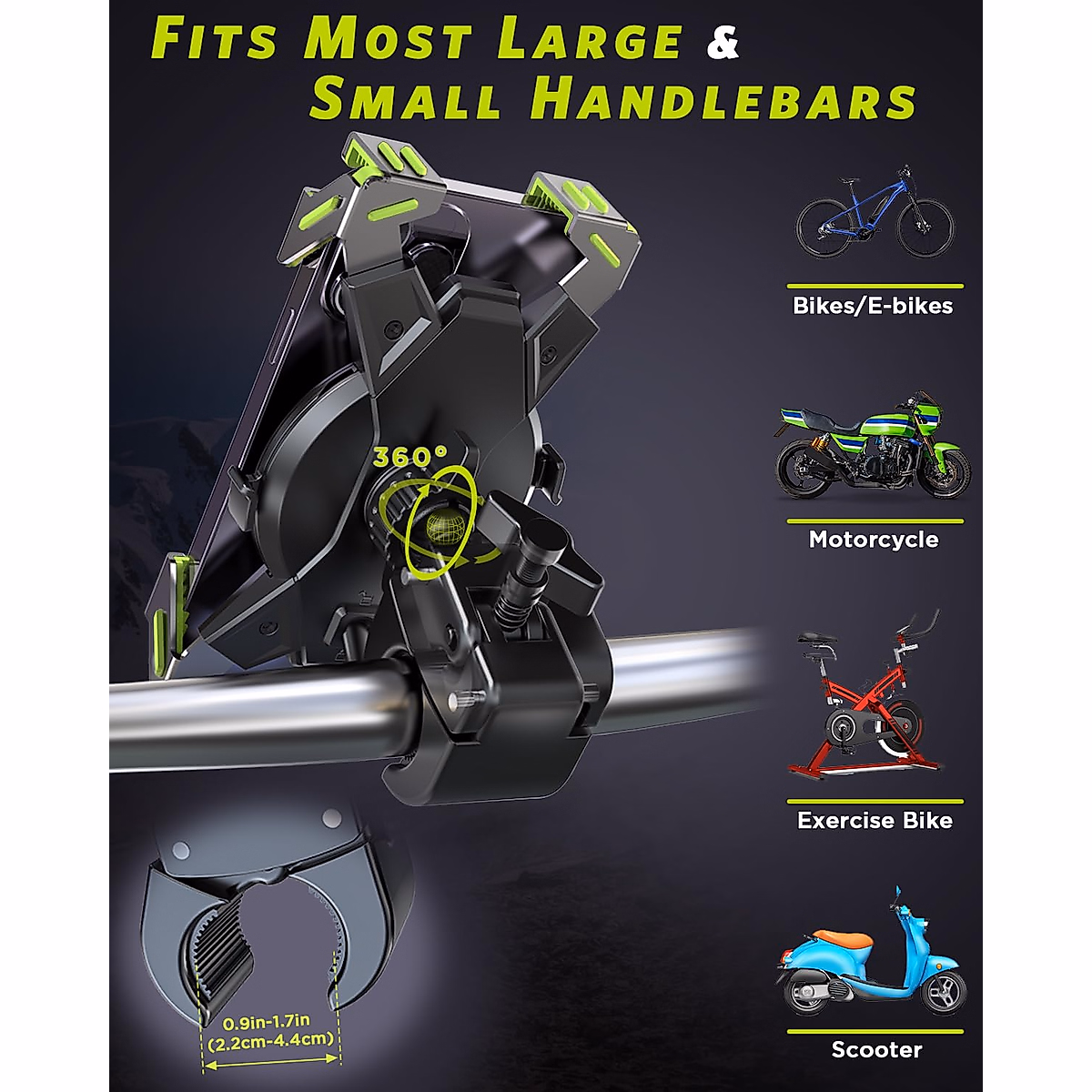 IPOW Bike Phone Holder, Adjustable Motorcycle Phone Mount, 2023 Upgraded Motorcycle Handlebar Phone Clamp, Scooter Phone Clip Compatible with iPhone 14 Plus/Pro Max, 13 Pro Max, S23, S22, Green