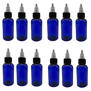 Natural Farms 2 oz Blue Boston Plastic Bottles -12 Pack Empty Bottle Refillable - BPA Free - Essential Oils - Aromatherapy | Black/Natural Twist Top Cap - Made in the USA