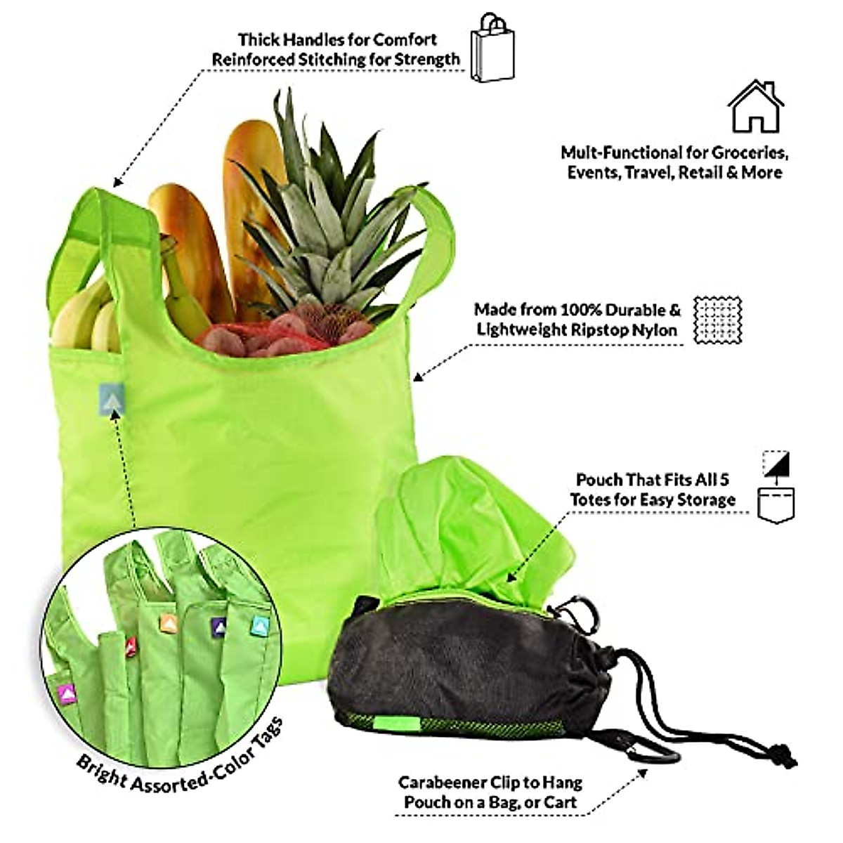 Reusable Grocery Bag - 5 Pack Green Reusable Shopping Bags with Pouch, Compact Travel Shopping Totes, Super Strong Shopping Bags, Foldable & Washable, Lightweight Ripstop Nylon for Groceries and Produce