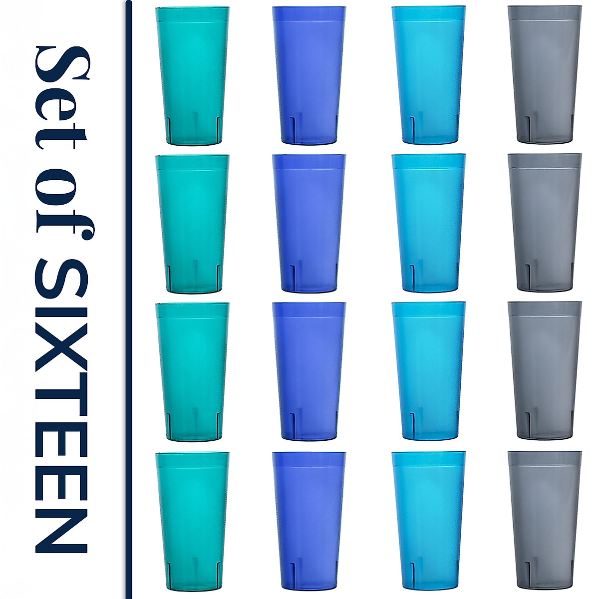 US Acrylic Café 20-ounce Plastic Restaurant Style Lightweight Stackable Beverage Tumblers | Reusable, BPA-free, Made in the USA, Top-rack Dishwasher Safe | Water Cups set of 16 in 4 Coastal Colors
