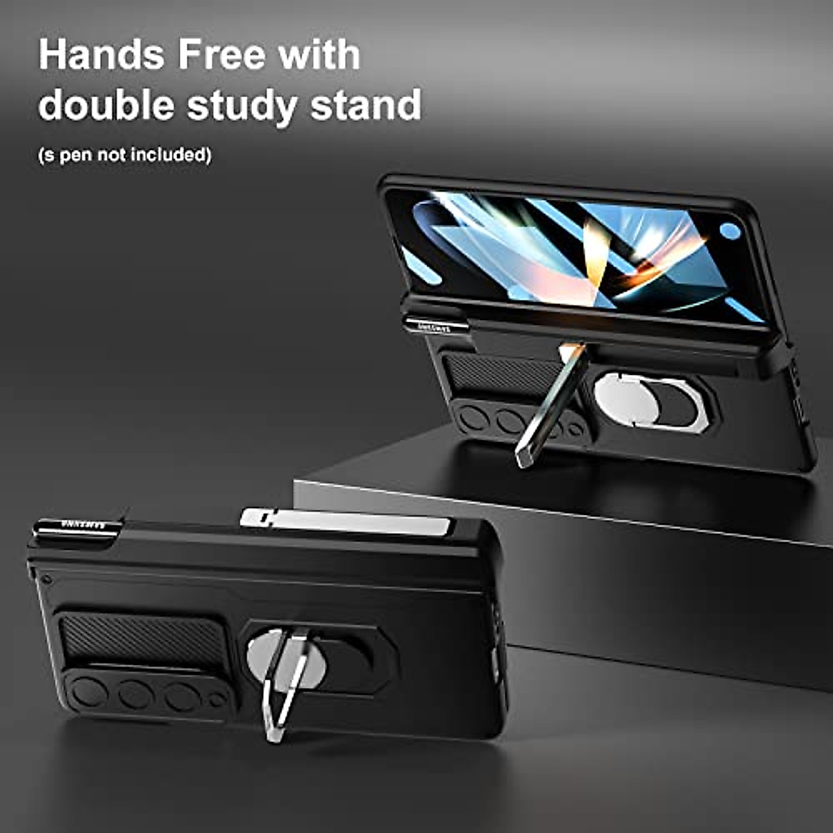 Libeagle Compatible with Samsung Galaxy Z Fold 4 Case [Heavy Duty Protective][Camera Lens Cover][S Pen Holder & Hinge Protection][Screen Protector][Safe to Hold with Ring] Rugged Stand 5G 2022-Black