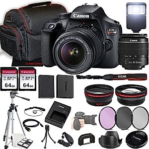 Canon EOS Rebel T100 DSLR Camera w/EF-S 18-55mm f/3.5-5.6 III Lens + 2X 64GB Memory + Case + Filters + Tripod + More (35pc Bundle) (Renewed)