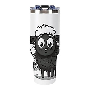 LLUTSNTH 40 Oz Vacuum Tumbler with Violet Handle Leakproof Insulated Tumbler Cartoon Black White Sheep Stainless Steel Travel Mug with Lid And Straw Coffee Cup Cute Water Bottles Cup Holder Friendly