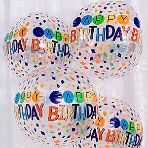 4D Balloons, Colorful Happy Birthday Mylar Balloons, 22 Inches Clear Round Rainbow Foil Balloons, Birthday Decorations, Party Supplies for Kids Women Men (4 Pcs)
