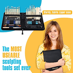 ISSEVE Pottery Clay Sculpting Tools 43Pcs Double Sided Ceramic Clay Carving Tool Set with Upgrade Stand-Up Design Carrying Case for Beginners Professionals School Student Pottery Modeling Smoothing