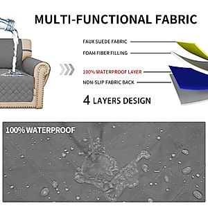 Easy-Going Waterproof Oversized Loveseat Covers Leakproof Couch Cover for 2 Cushion Couch Sofa Cover Washable Sofa Slipcover Non-Slip Furniture Protector with Pocket for Pets (Medium-XL, Grey)