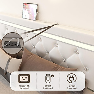 Kallabe Queen Size Bed Frame with 4 Drawers and LED Adjustable Headboard, Charge Station, Upholstered Platform Bed with Solid Wooden Slats Support, No Box Spring Needed, White