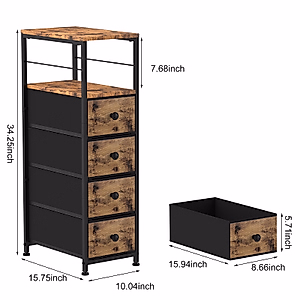 YBING Narrow Side Tables for Small Spaces, Slim Dresser with 4 Fabric Drawers, Small Chest of Drawers, Skinny Nightstand,Wood Brown