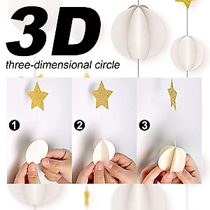 HappyField White Gold Baby Shower Decorations 2Pcs Glitter Gold Star White 3D Circle Garland Rustic Baby Shower Decorations Birthday Party Decorations Wedding Decorations Bridal Shower Decorations