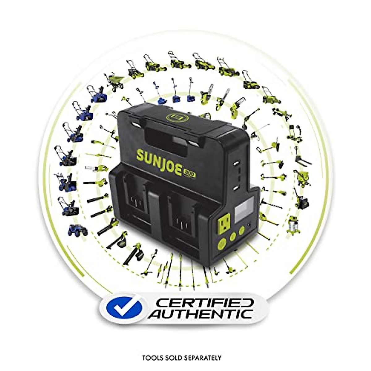 Sun Joe 24V-300WI 24-Volt iON+ Cordless Hot-Swap Powered Inverter Generator Power Station W/AC Adapter, 2.7-Amp AC Receptacle, 2X USB Type A &C, 3 Watt LED Spotlight