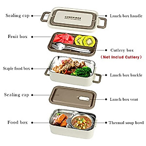 Keweis Bento Box Adult Lunch Box, Portable Insulated Lunch Containers Set, 2-Tier Stackable Stainless Steel Bento Boxes with Thermal Lunch Bag Soup Bowl, Leakproof Food Container