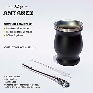Shop Antares Mate Cup And Bombilla Set - Yerba Mate set Includes One Yerba Mate Cup, One Bombilla Mate (Straw) and Brush - Stainless Steel Double-Wall | Easy to Clean (Black)