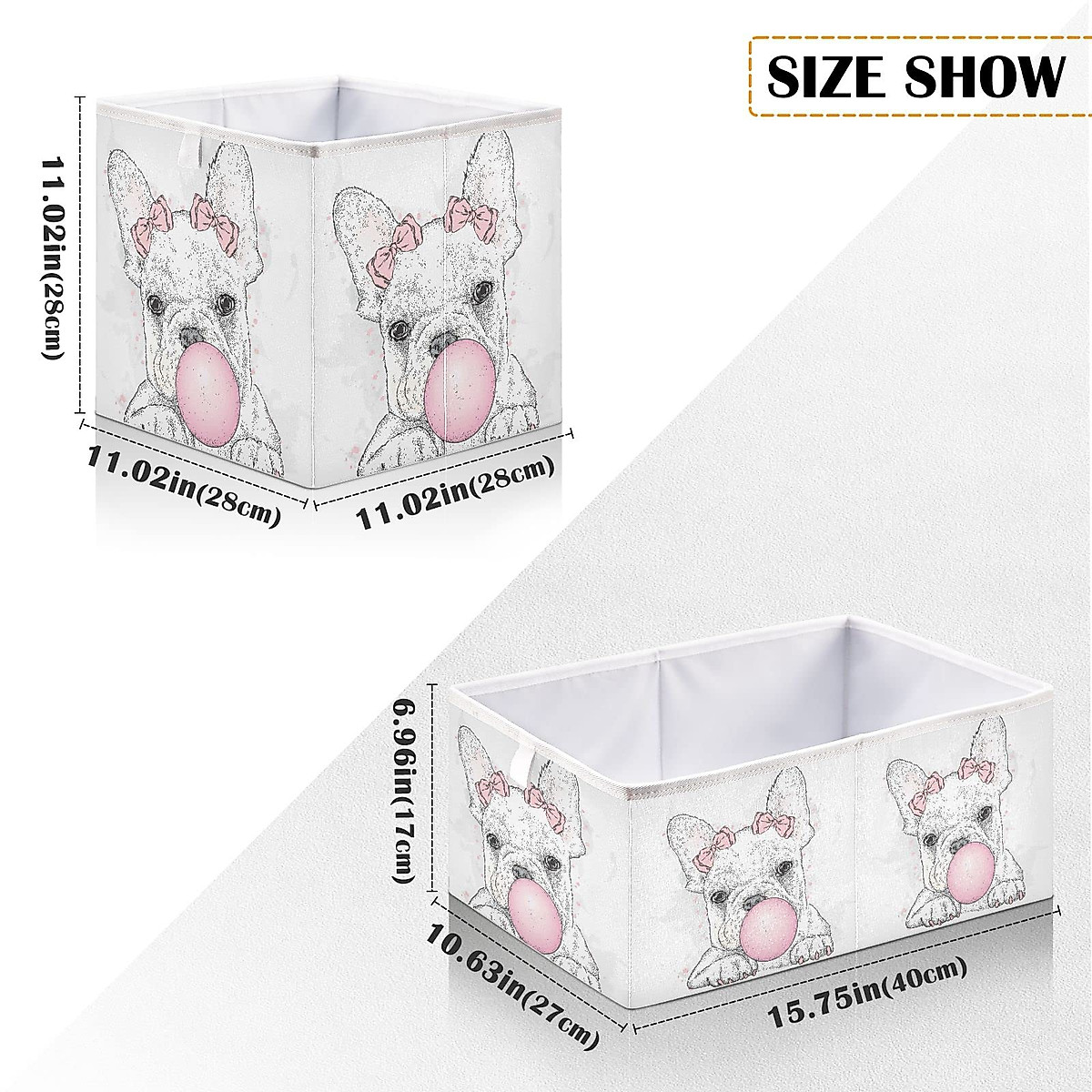 French Bulldog with Gum Storage Baskets for Shelves Foldable Collapsible Storage Box Bins with Cubes Toys Closet Organizers for Pantry Clothes Storage Toys, Books, Home, Office,16 x 11inch