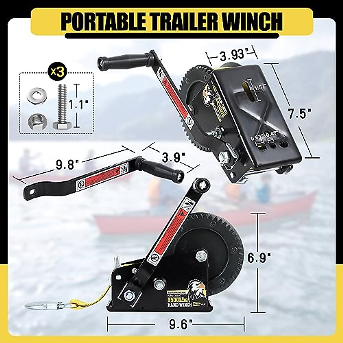 BeckTour Boat Trailer Winch, 3500Lbs Hand Winch with 33 FT Strap with Hook, 2 Way Ratchet, 4:1/8:1 Gear Ratio, Boat Winch for Trailers, Truck ATV