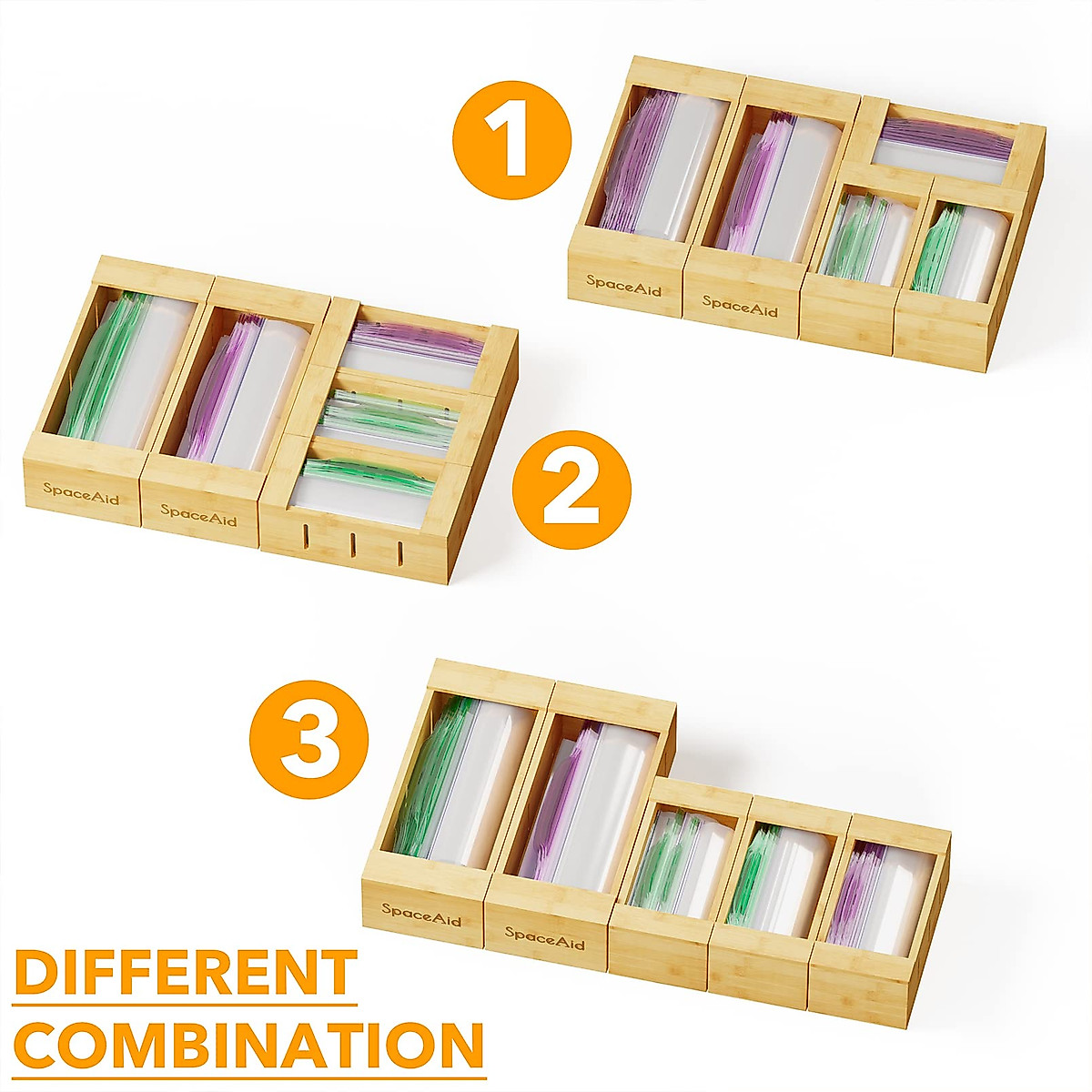 SpaceAid Bag Storage Organizer for Kitchen Drawer, Bamboo Organizer, Compatible with Gallon, Quart, Sandwich and Snack Variety Size Bag (5 Pack Set)