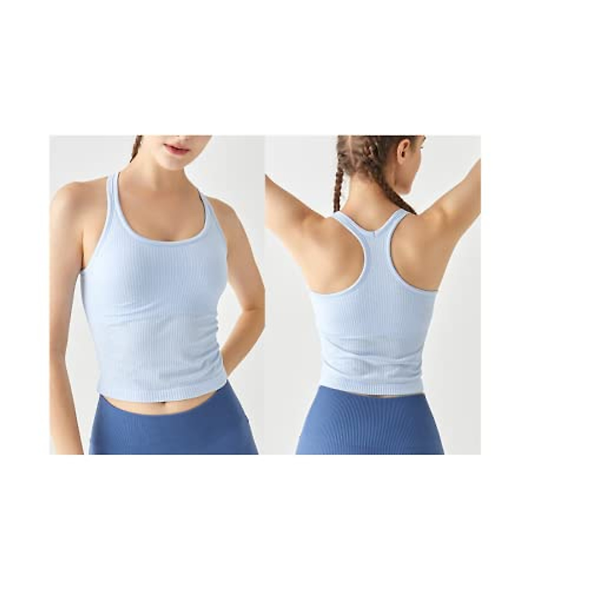 Women's Crop Yoga Racerback Tank Tops Built in Sports Bra Exercise Tops Workout Shirts Blue S