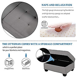 Verfur Fabric Upholstery Convertible Sectional Sofa with Reversible Chaise, L Shaped Couch with Storage Ottoman and 2 Cup Holders Corner, Light Gray 112"